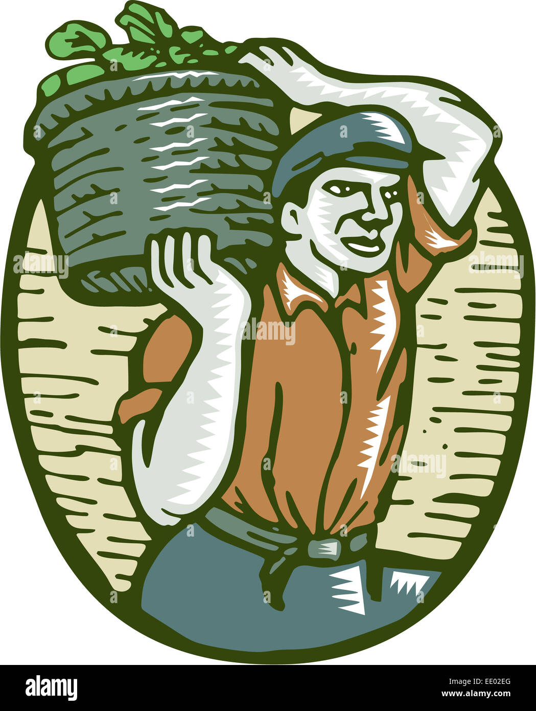Illustration of an organic farmer carrying basket of harvest crop of ...