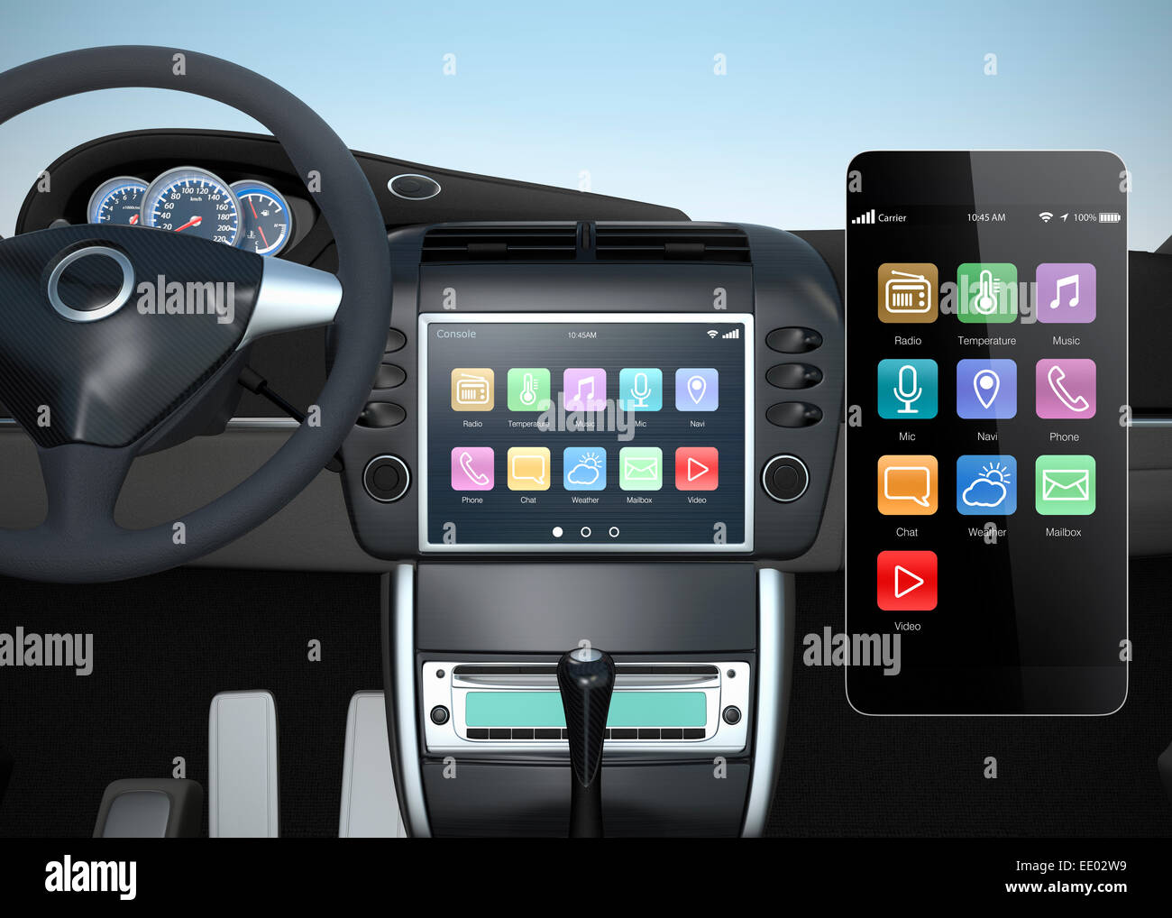 Smart car's console synchronize with smart phone. Concept for ...