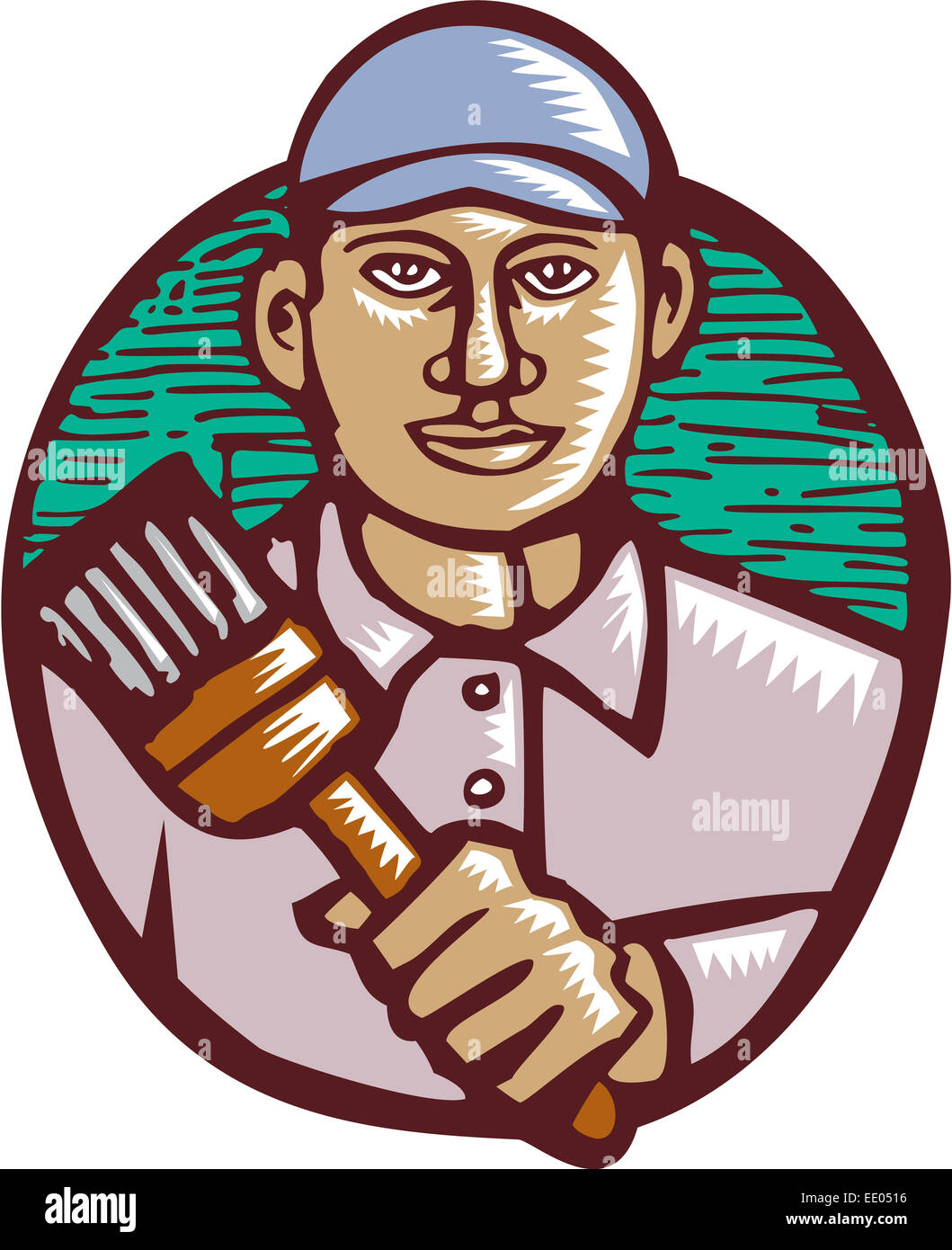 Illustration of a house painter holding paintbrush facing front done in ...