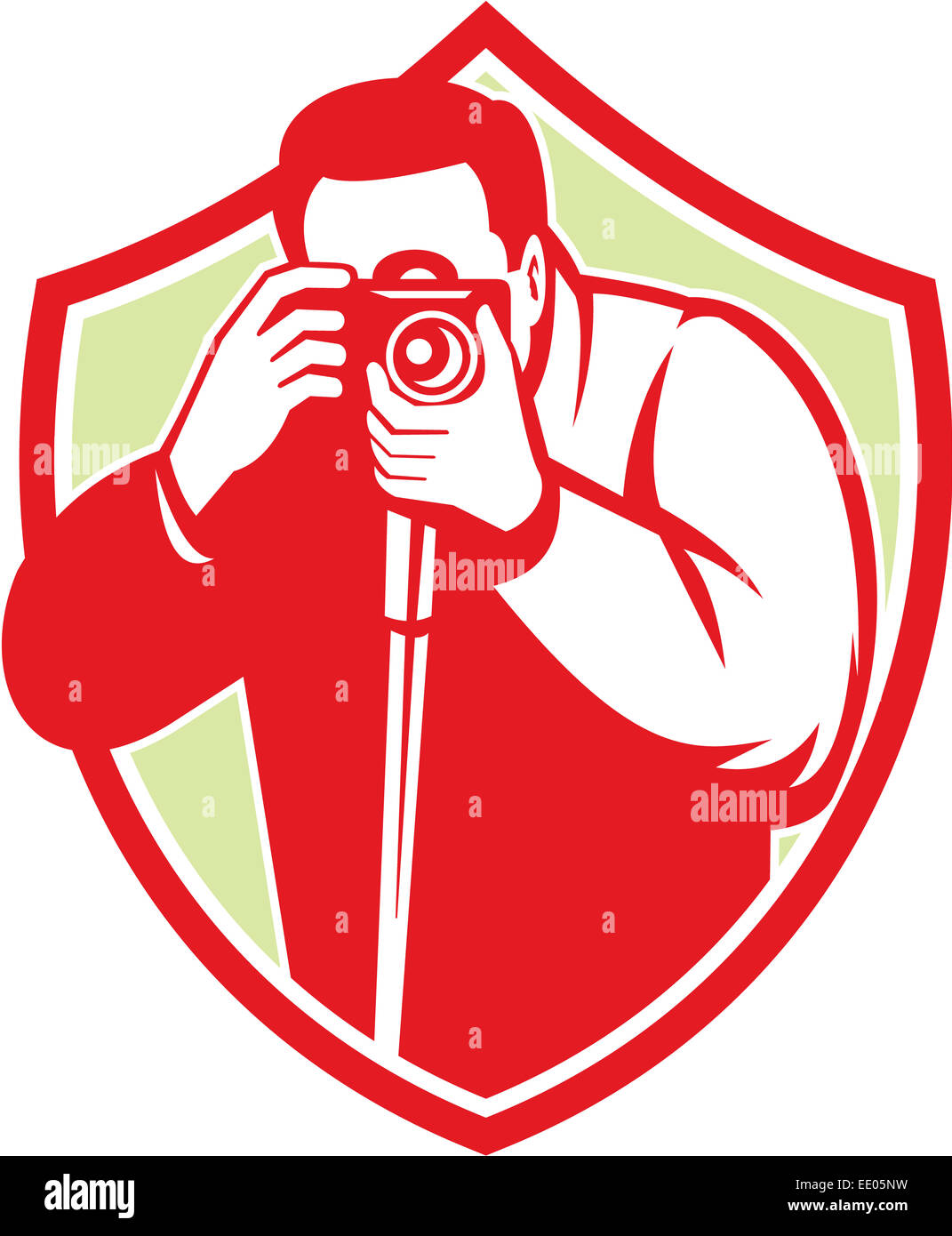 Illustration of a photographer shooting aiming camera set inside shield ...