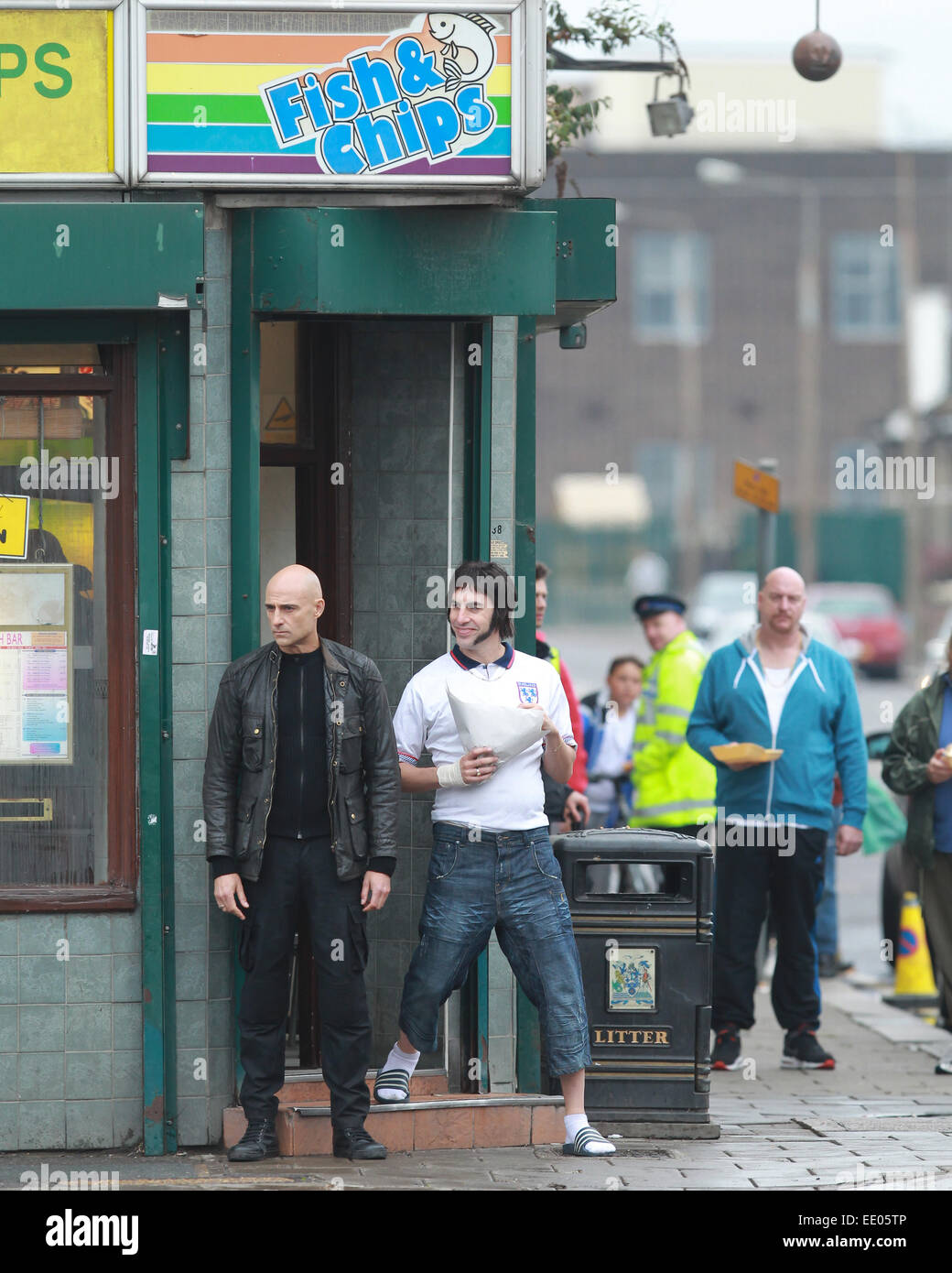 Sacha Baron Cohen and Mark Strong film a scene for the movie Grimsby in ...