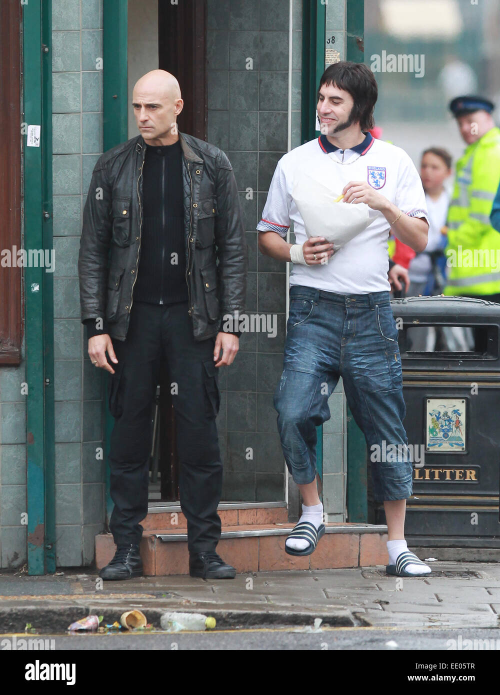 Sacha Baron Cohen and Mark Strong film a scene for the movie Grimsby in ...