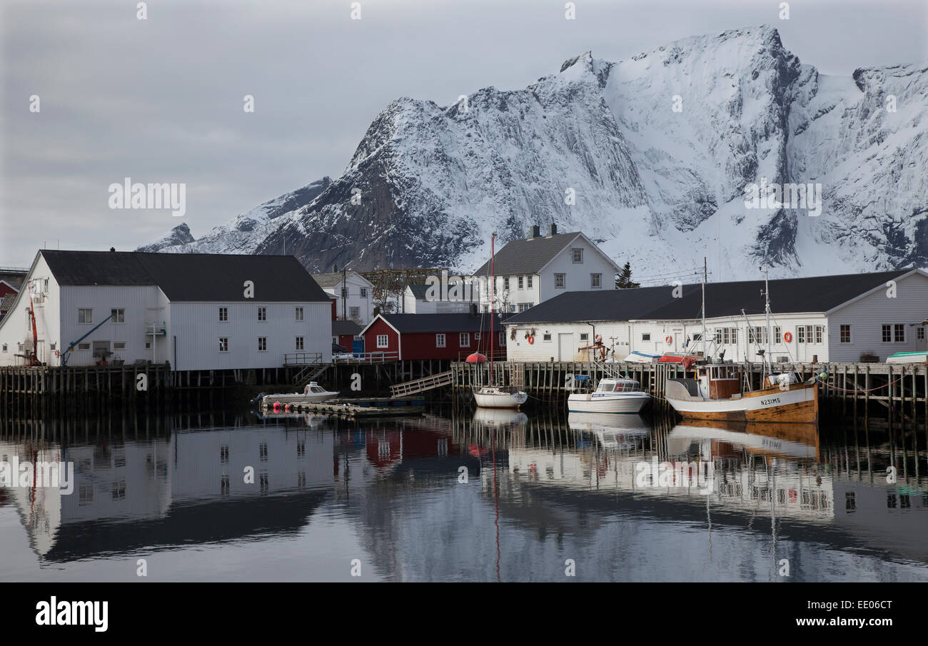Harbour at Reine, Lofoten Islands, Norway. Boats and quayside buildings ...