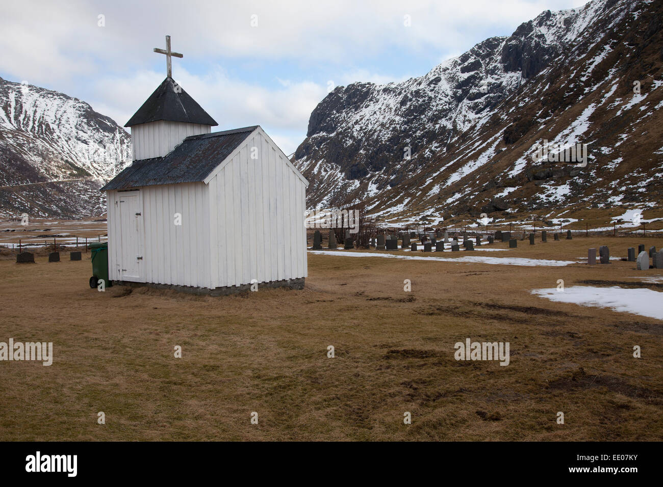 Very small wooden church at Unstad, Lofoten Islands, arctic Norway with ...