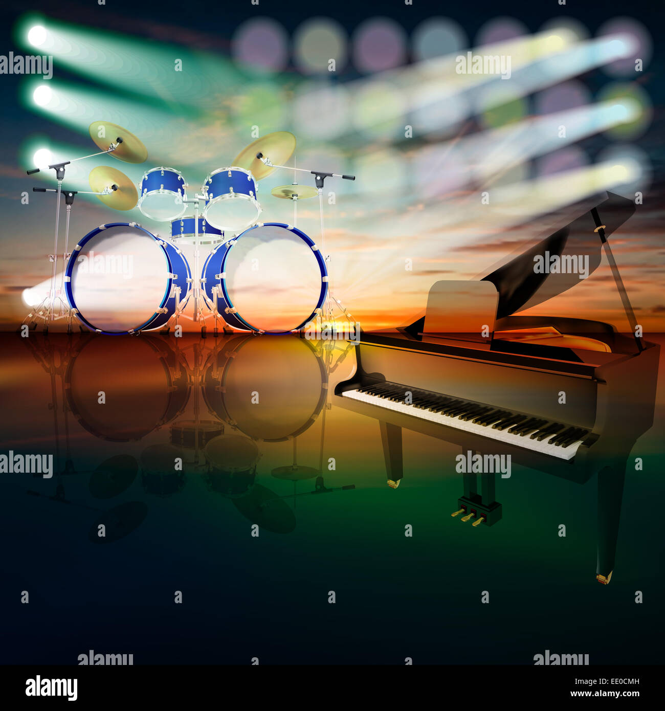 abstract jazz background with grand piano and drum kit on music stage ...