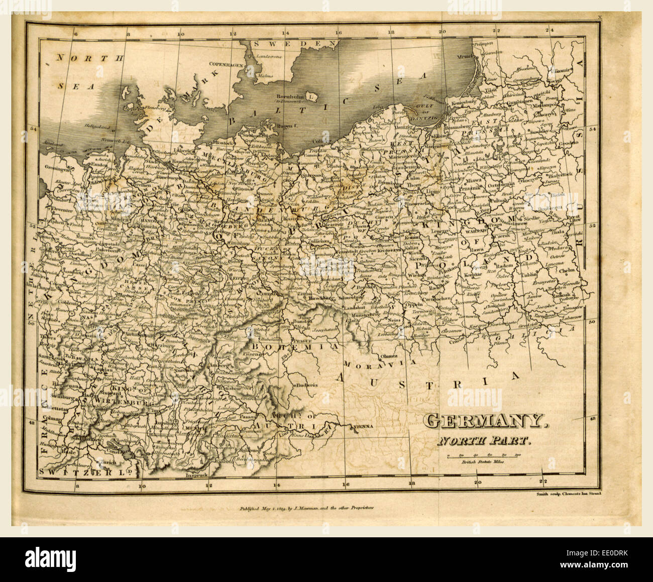 Map of Germany, 1819, J. Mawman Stock Photo - Alamy