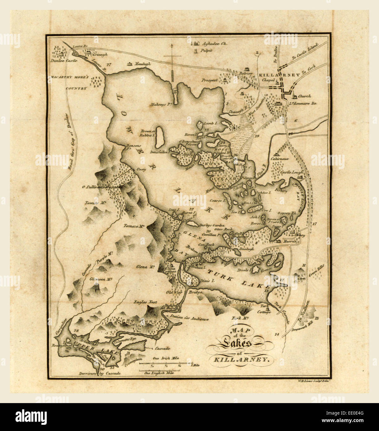 Killarney and the surrounding scenery, map of the lakes, 19th century ...