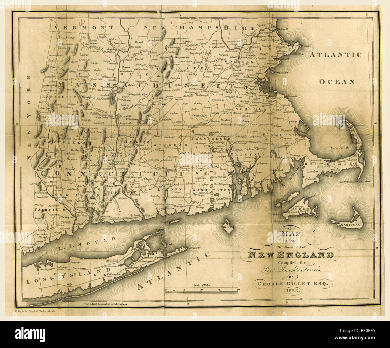 Map of the southern part of New England, 1823, 19th century engraving ...