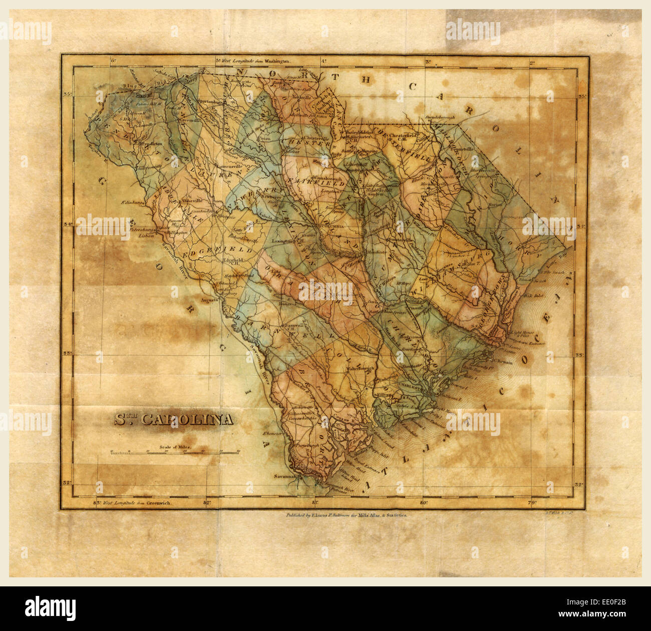 Map South Carolina, Mills Atlas, US, America, 19th century engraving ...