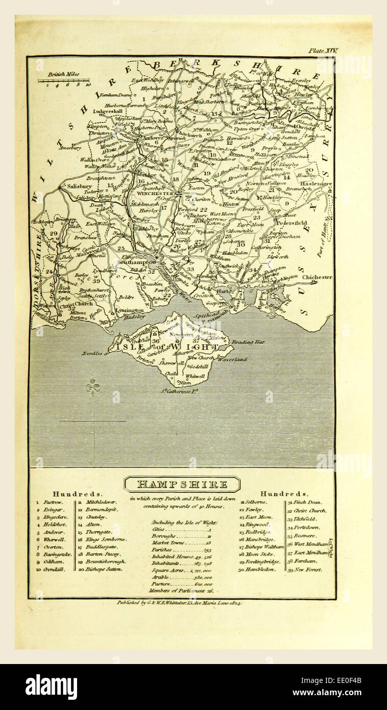 Hampshire, map 1824, A Topographical Dictionary of the United Kingdom ...