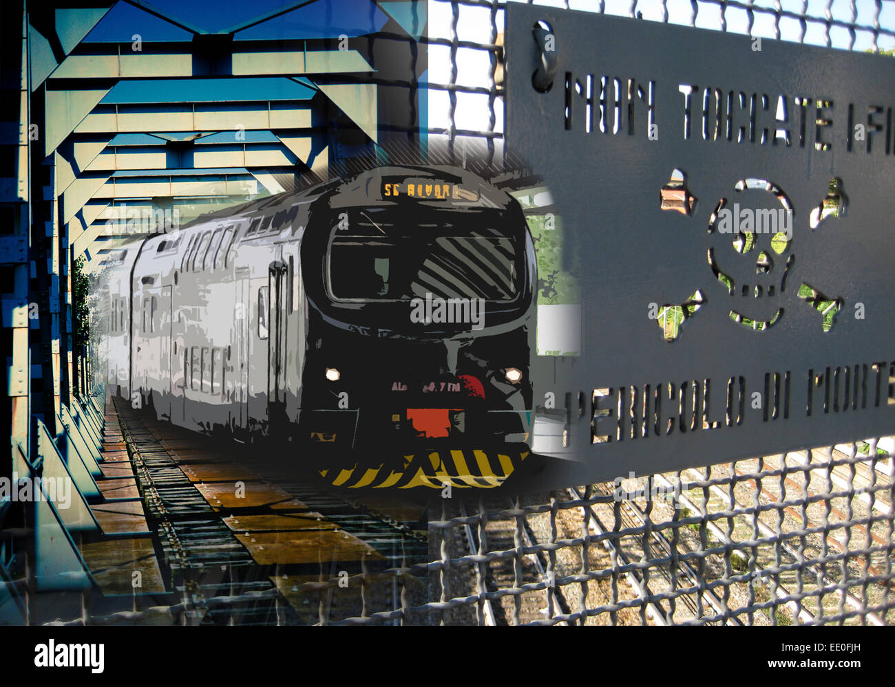 composition collage pictures of trains and railways Stock Photo - Alamy