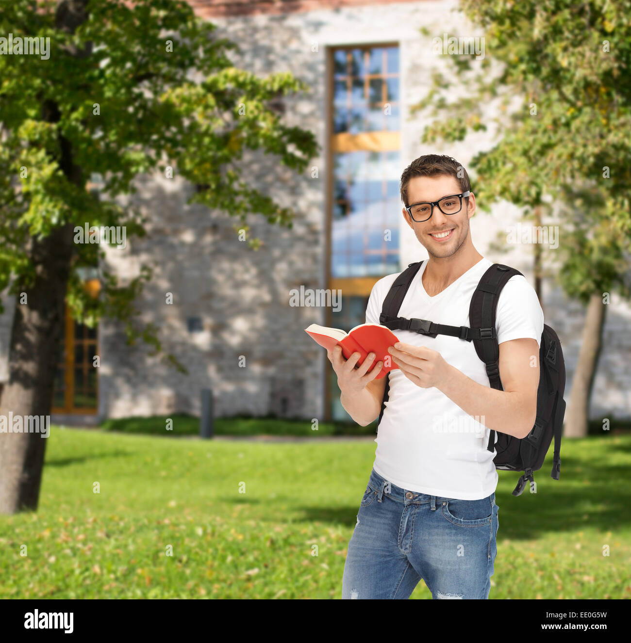 travelling student with backpack and book Stock Photo - Alamy