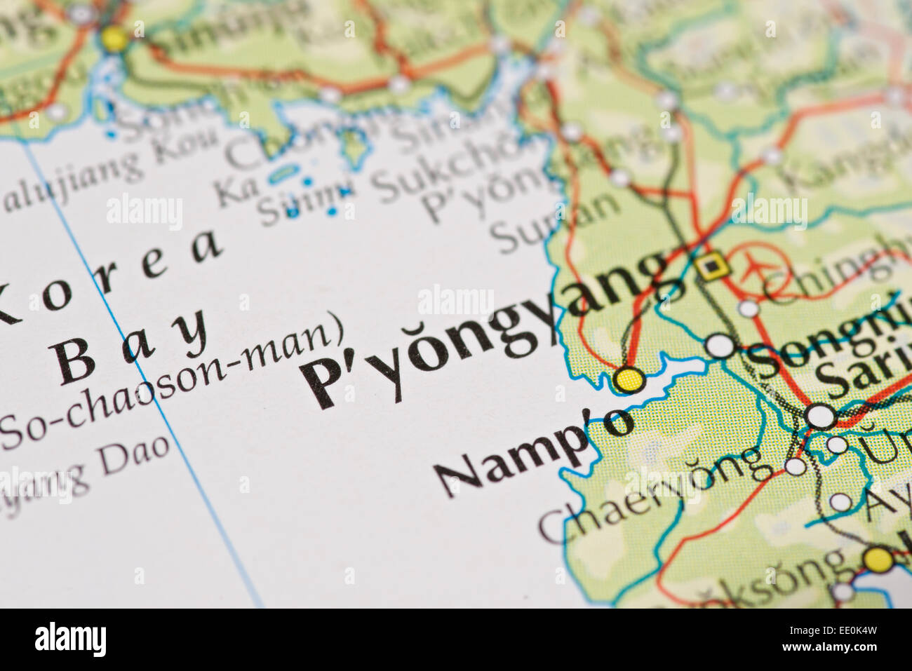 Close up of atlas map of Pyongyang, capital city of North Korea Stock ...