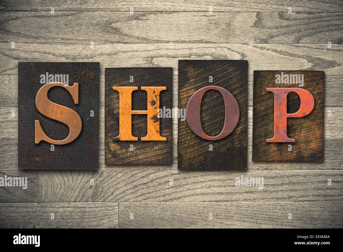 The word "SHOP" written in wooden letterpress type Stock Photo - Alamy