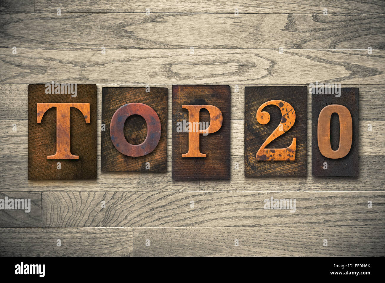 The words "TOP 20" written in wooden letterpress type Stock Photo - Alamy