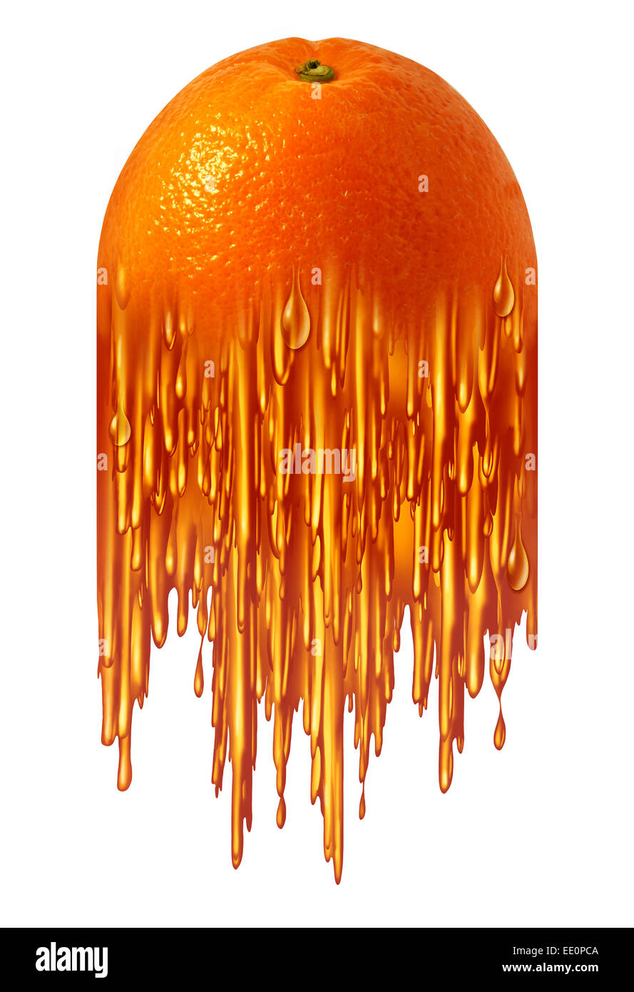 Orange juice symbol as a tropical fruit transforming into sweet liquid ...