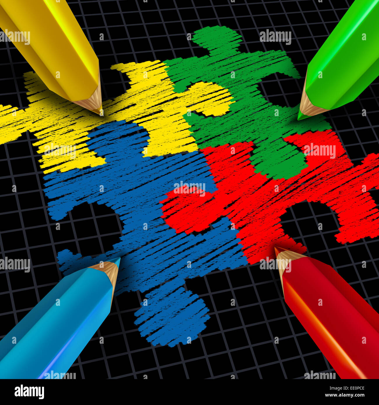 Assembling a business group jigsaw puzzle concept as color pencils ...