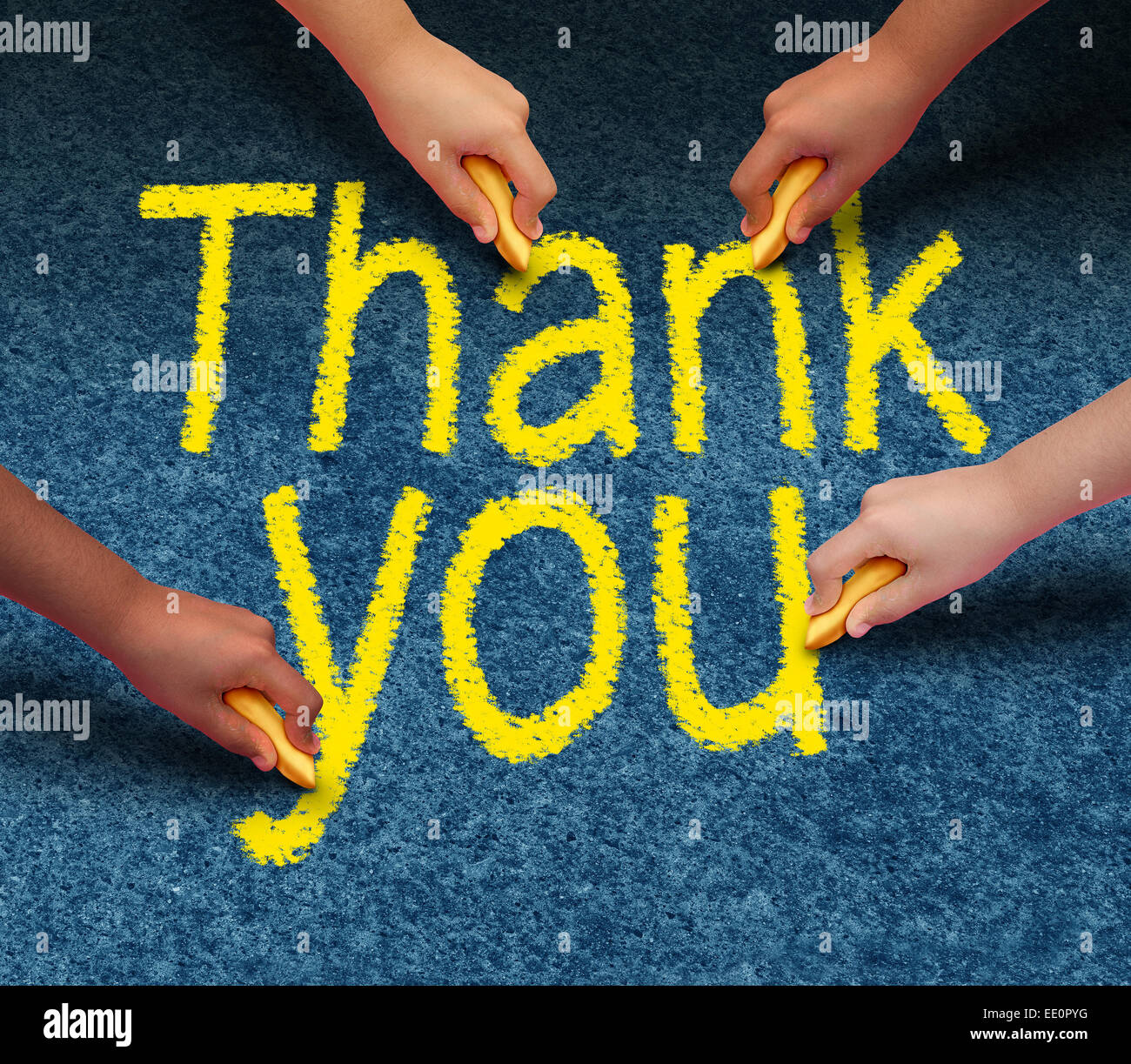 Thank you writing on street pavement by a group of culturally diverse ...