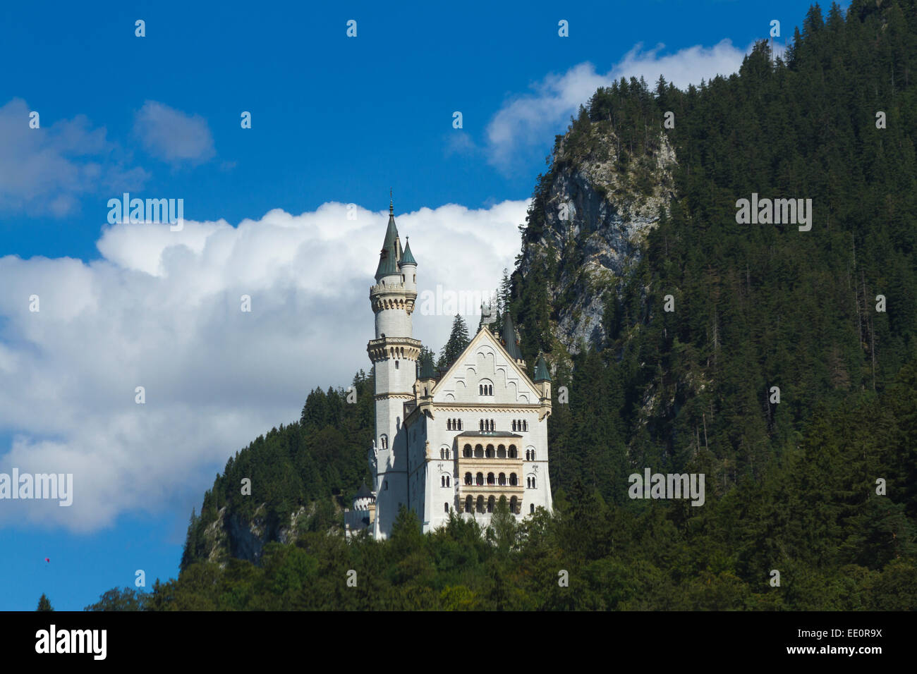 Neuschwanstein Castle, turrets poking above surrounding trees. Bavarian ...