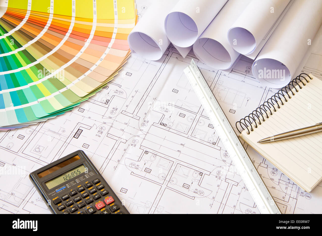 Palette of colors designs on architectural drawings, stuff Stock Photo ...