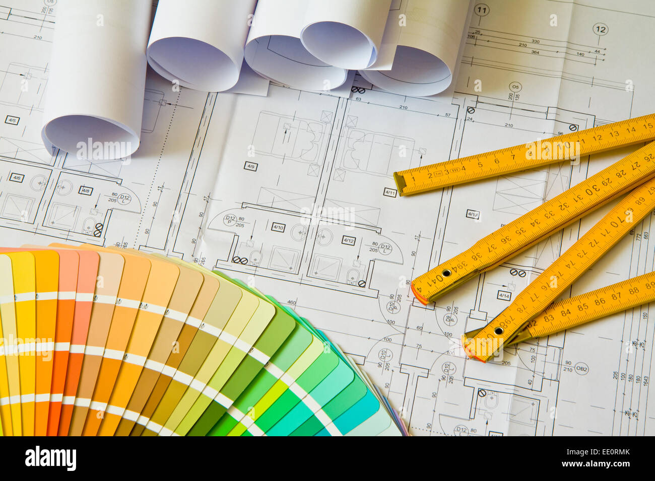 Palette of colors designs on architectural drawings, blueprint Stock ...