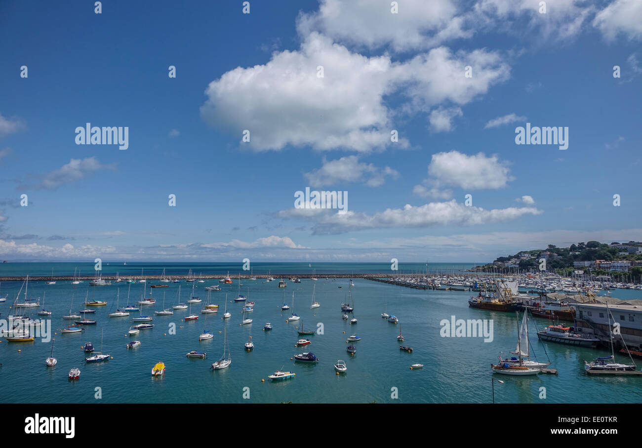 Boats under a bright blue sky in Outer Harbor Harbour Brixham Torbay ...