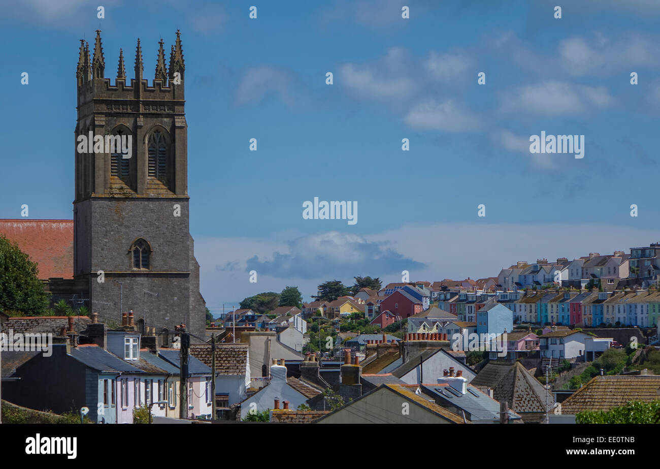 View of church and houses Brixham Torbay "English Riviera" Devon ...