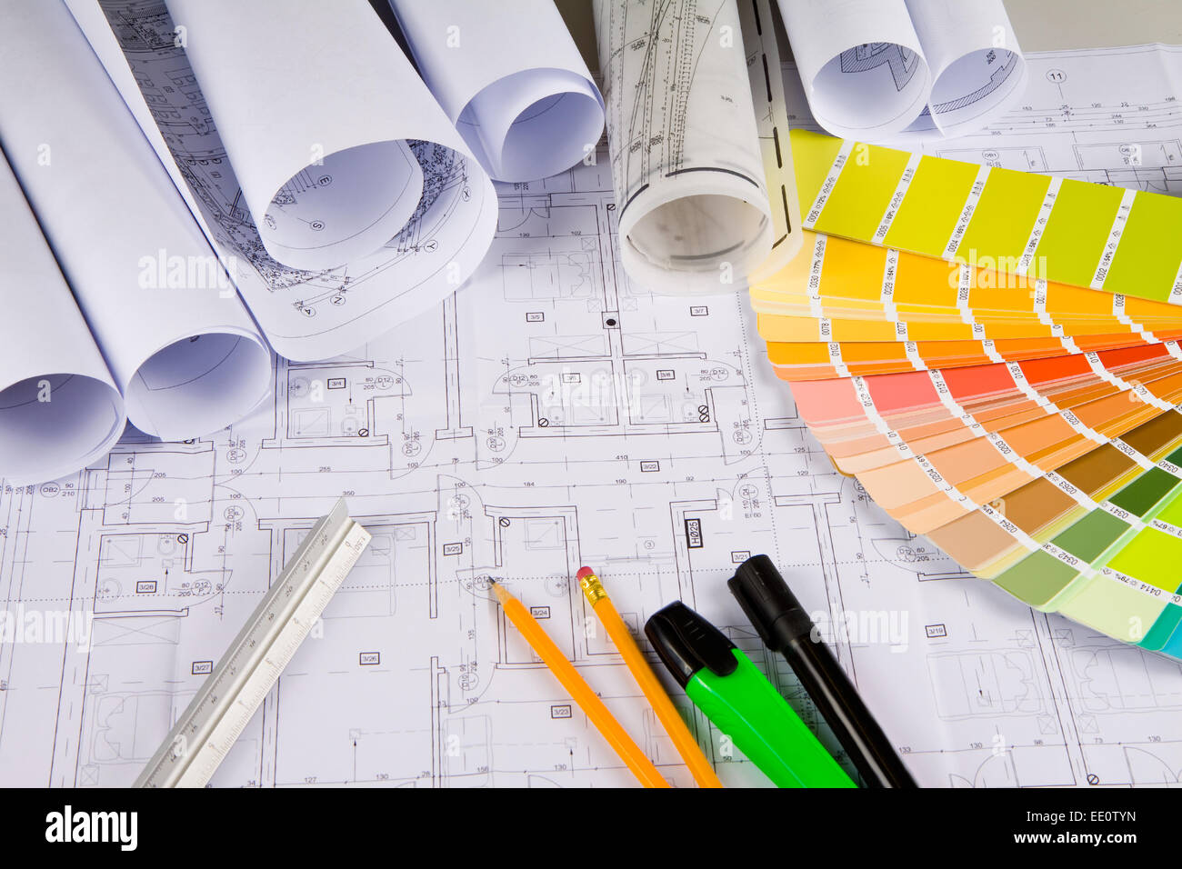 Architectural drawing, colors sample, office stuff Stock Photo - Alamy