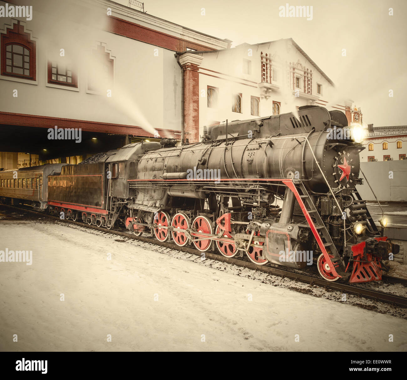 Morning departure of the retro steam train. Vintage image Stock Photo ...