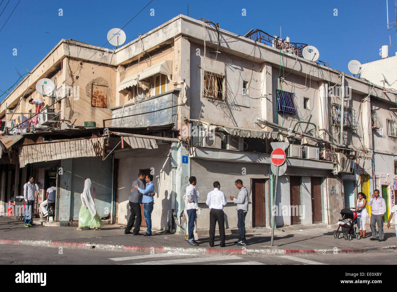 street corner in the old bus station neighborhood, Tel Aviv, Israel ...