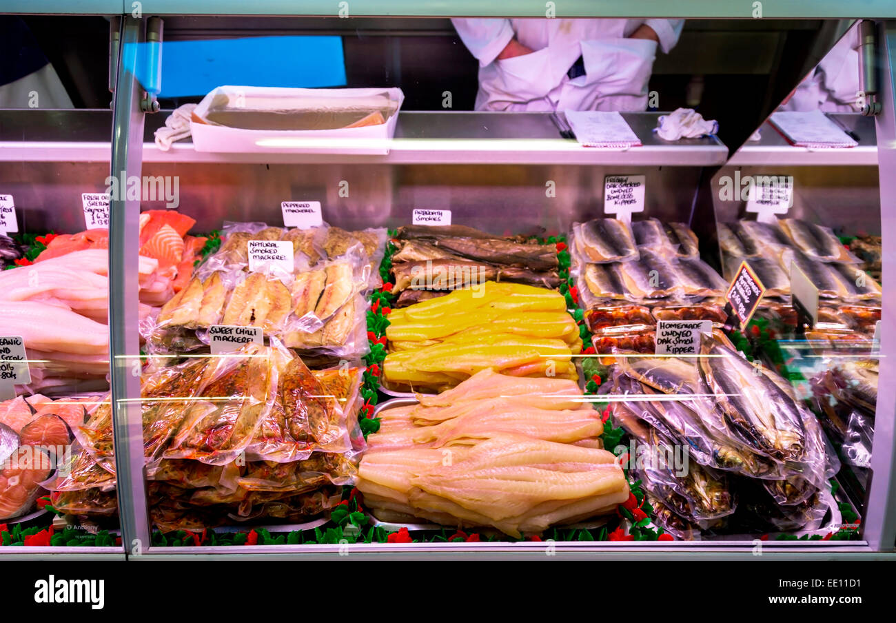 A chilled display stand inside a traditional fishmonger's shop Stock ...