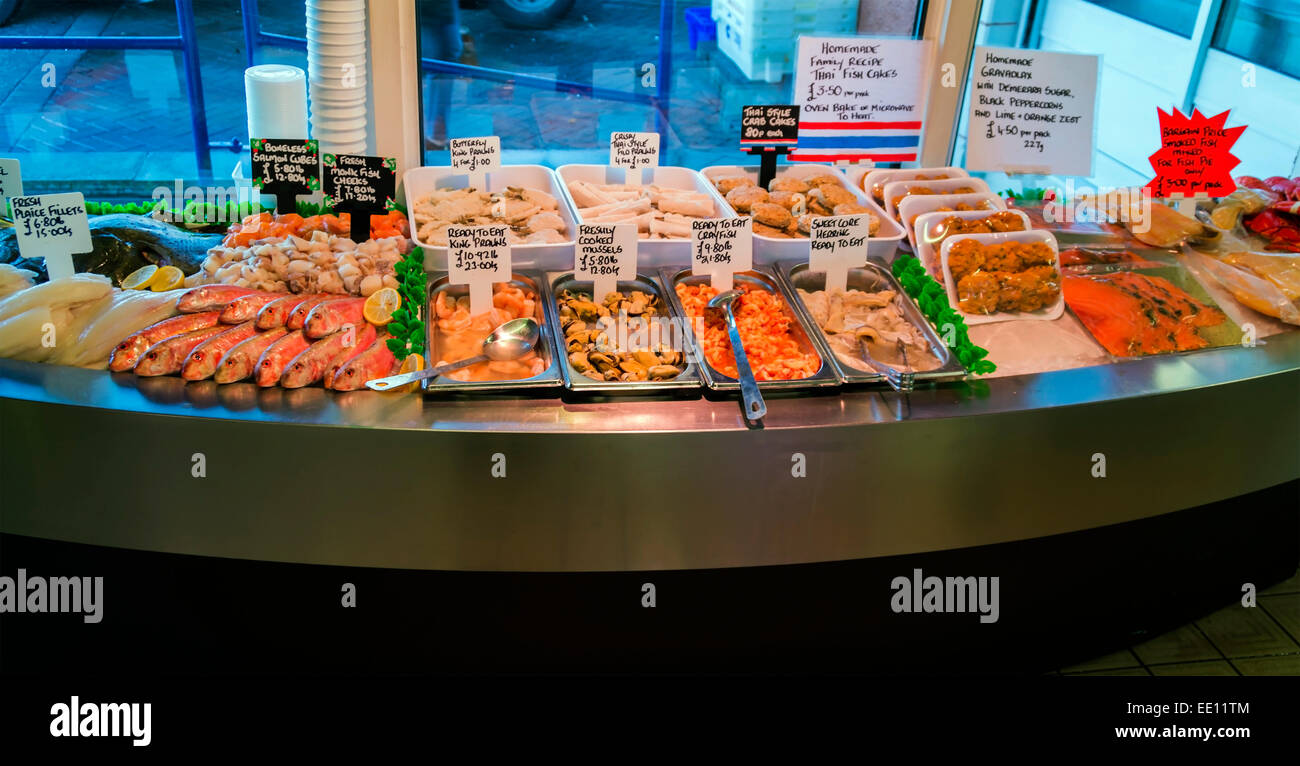 A chilled display stand inside a traditional fishmonger's shop Stock ...