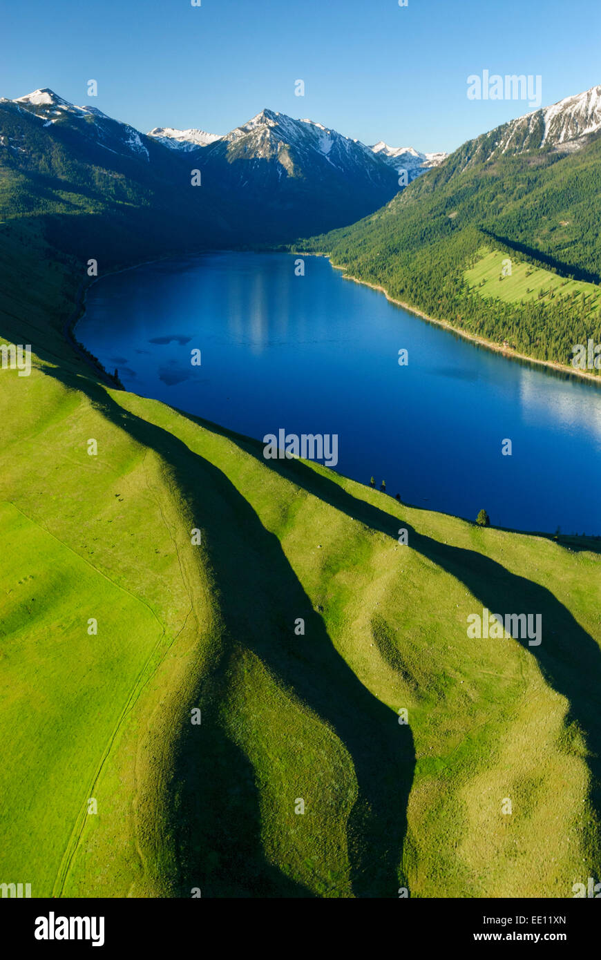 Aerial view of Wallowa Lake, Oregon, with a glacial moraine in the ...