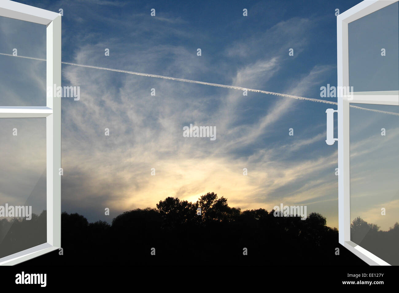 white window opened to the beautiful sunset Stock Photo - Alamy