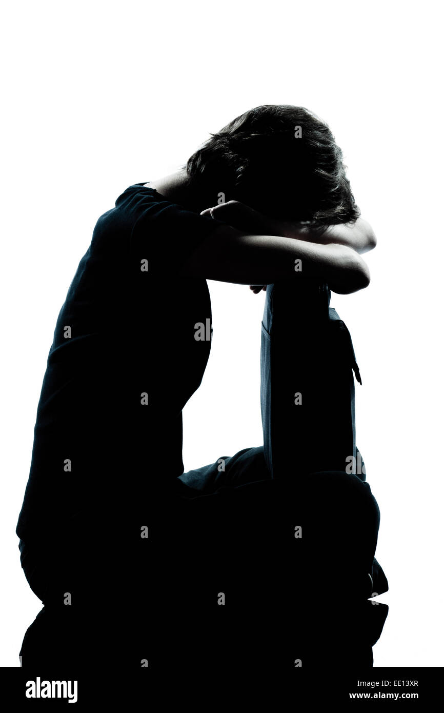 one caucasian young teenager silhouette girl crying sad full length in ...
