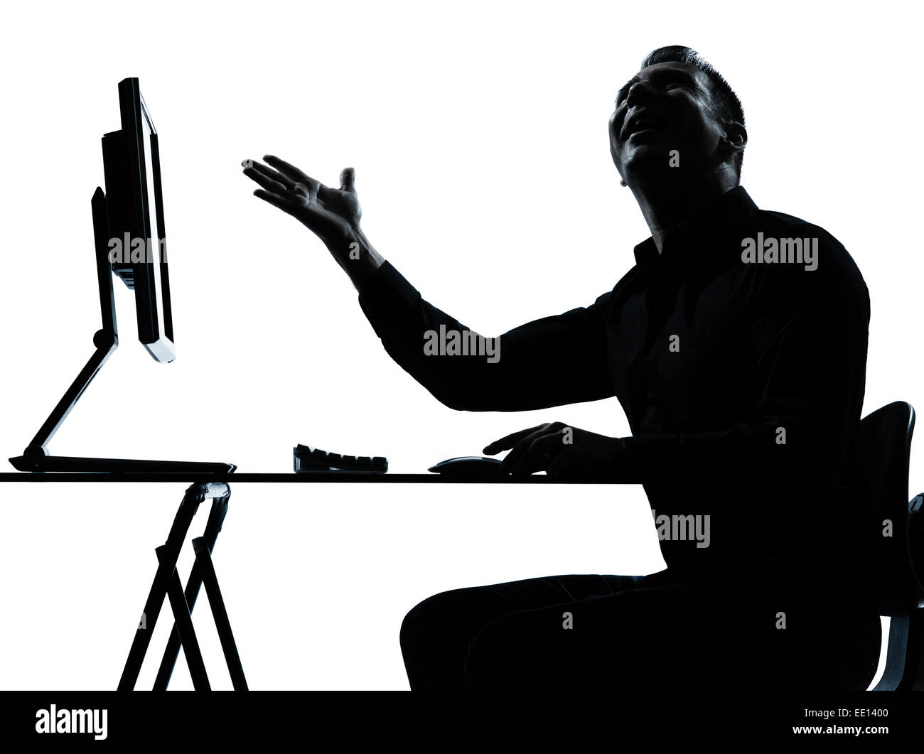 one caucasian business man computer computing happy silhouette in ...