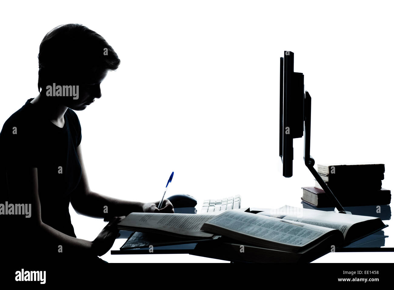 one caucasian young teenager silhouette boy or girl studying with ...