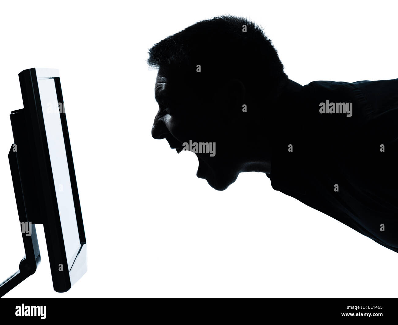 one caucasian business man face screaming silhouette with computer ...