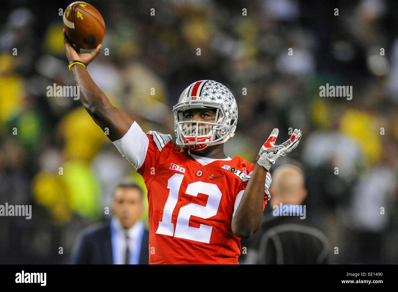 Ohio State quarterback Cardale Jones (12) throws a pass during pregame ...