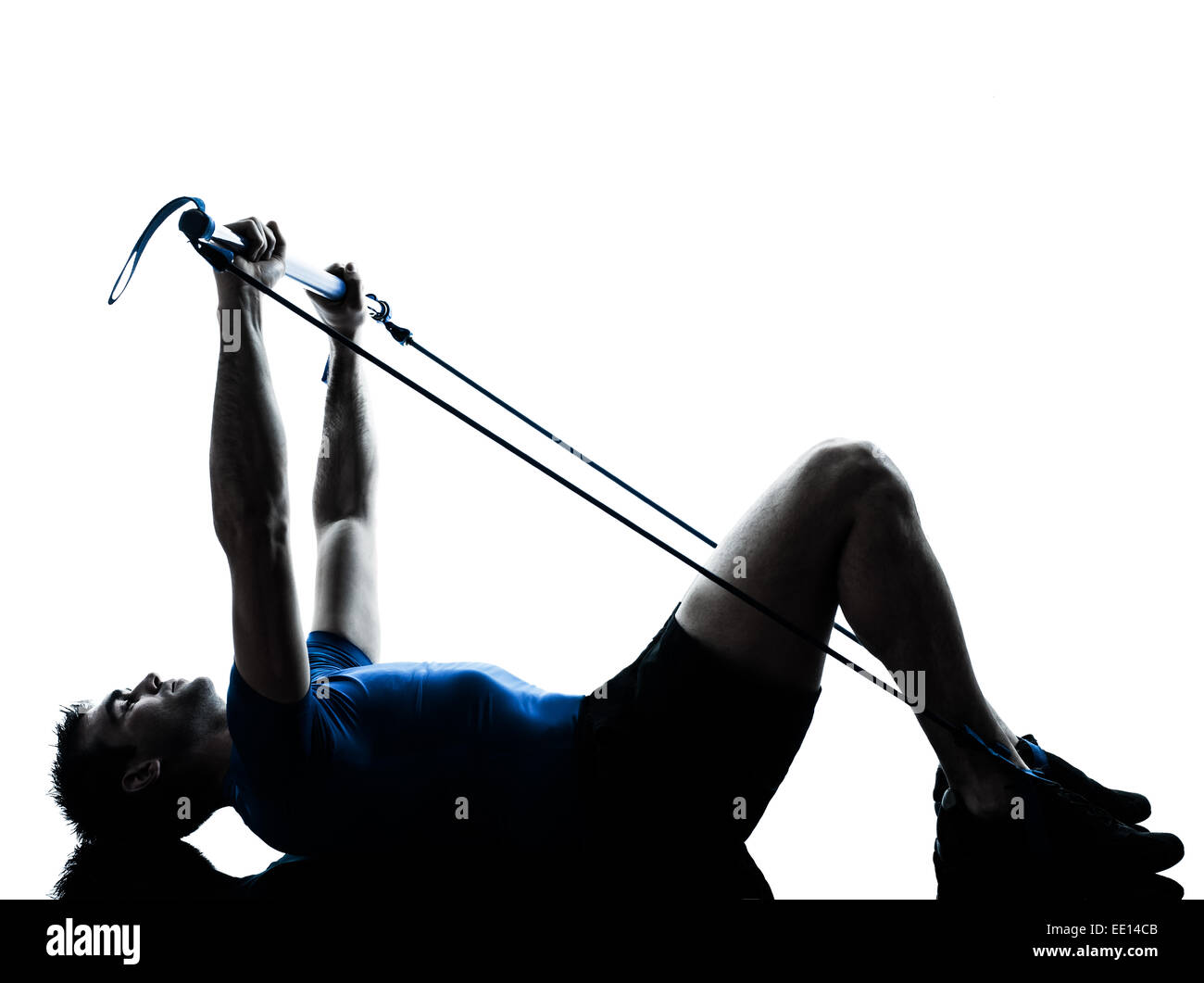 one caucasian man exercising gymstick workout fitness in silhouette ...