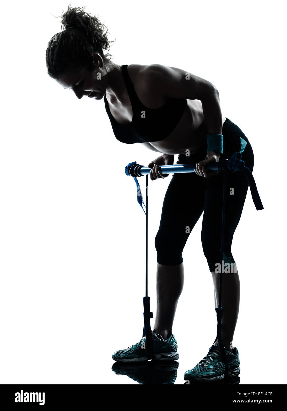 one caucasian woman exercising gymstick fitness workout posture in ...