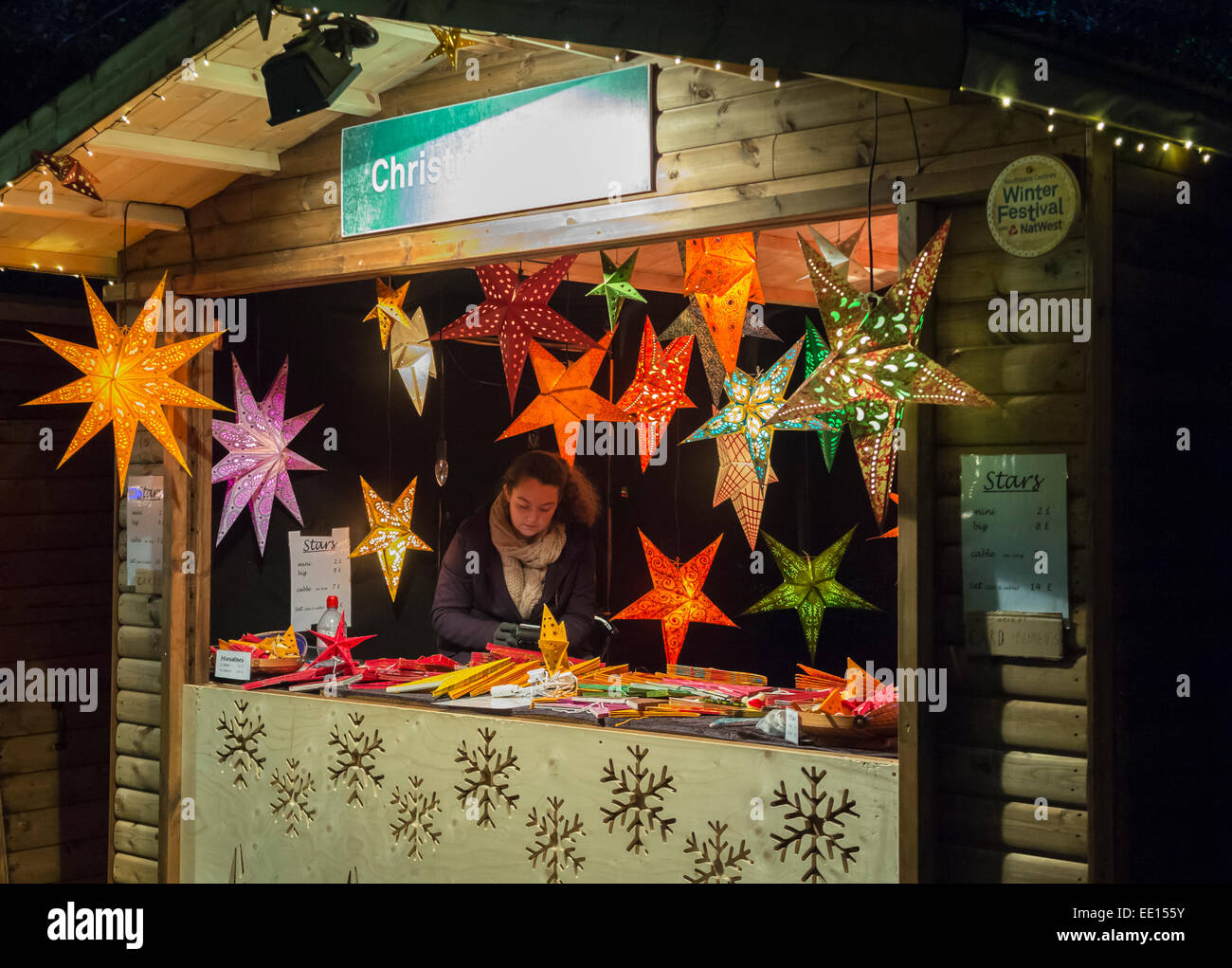 Colourful festive 'Christmas Stars' craft stall at the popular outdoor ...