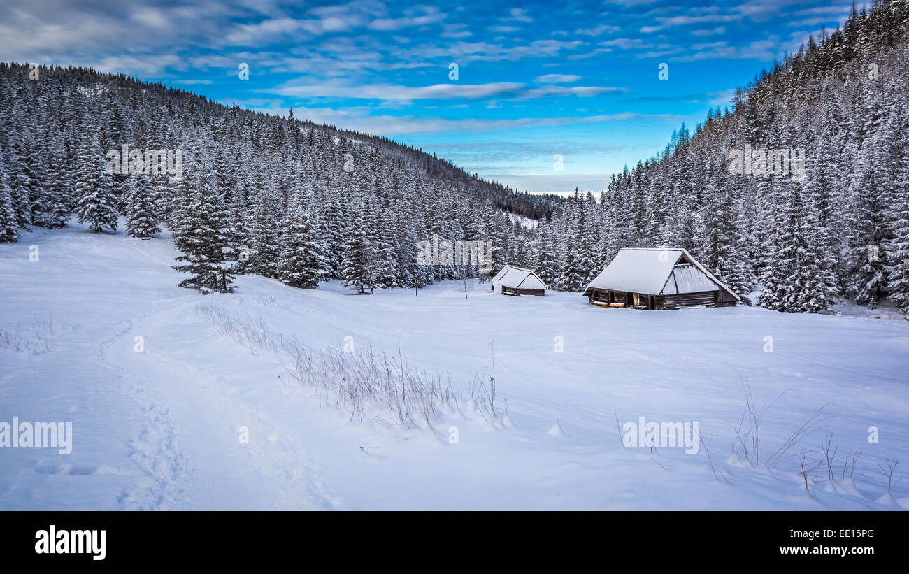 Snowy mountain valley at sunset Stock Photo - Alamy
