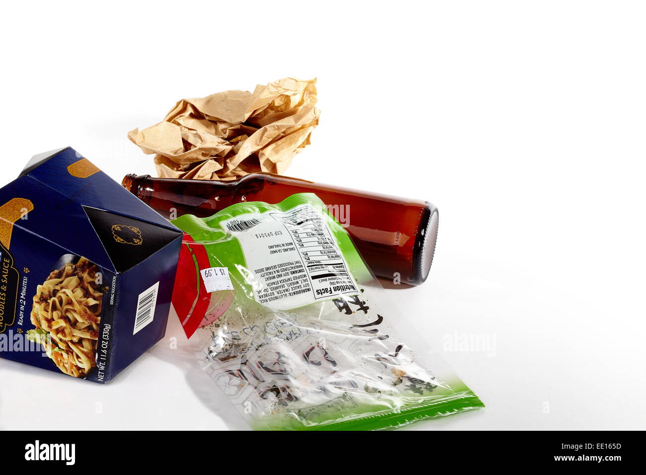 Empty containers and wrappers of food disposed of Stock Photo - Alamy