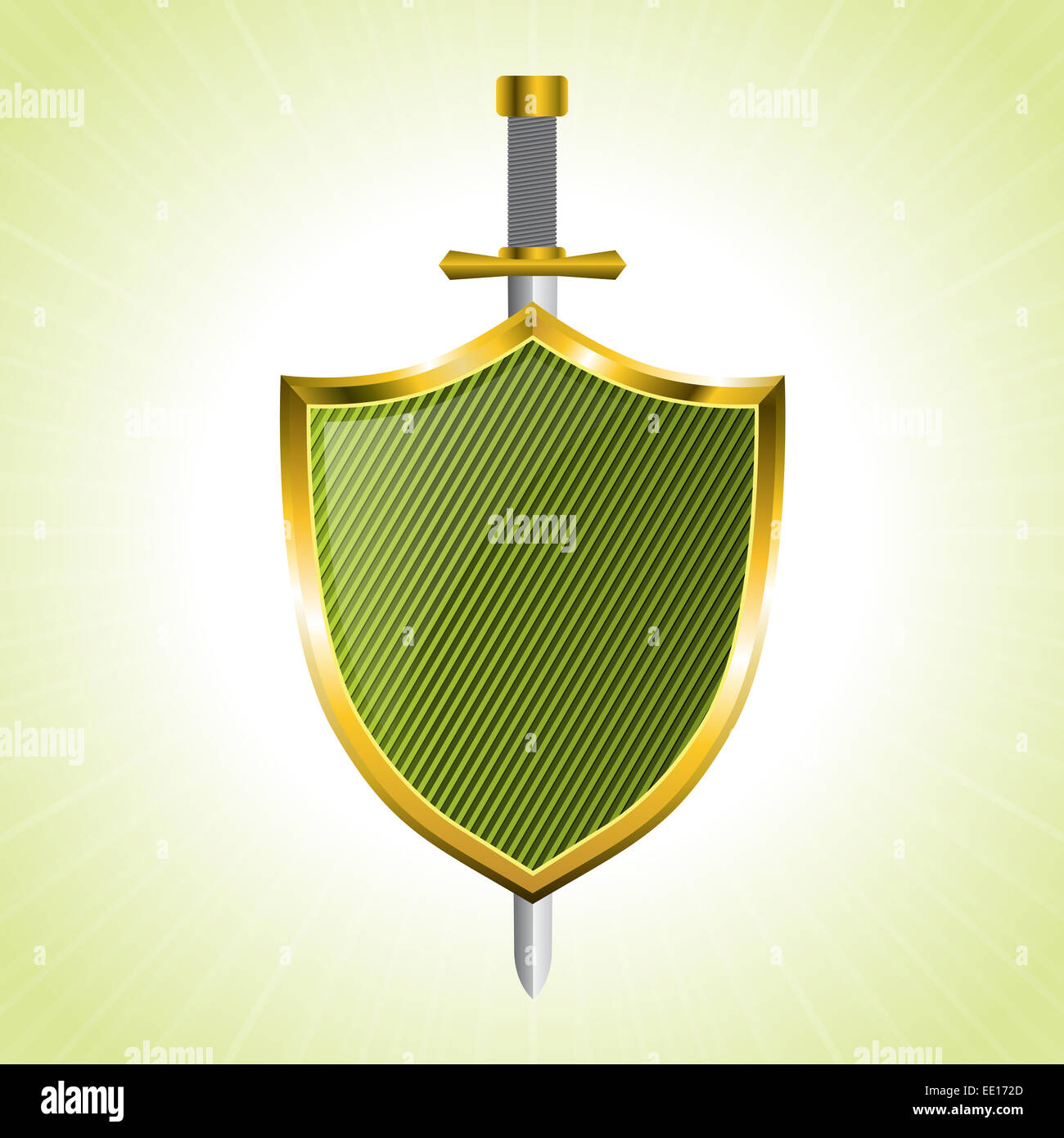 Green striped shield with sword background design Stock Photo - Alamy