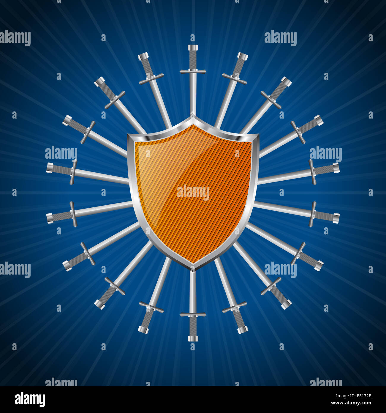 Orange striped shield with ring of swords background design Stock Photo ...