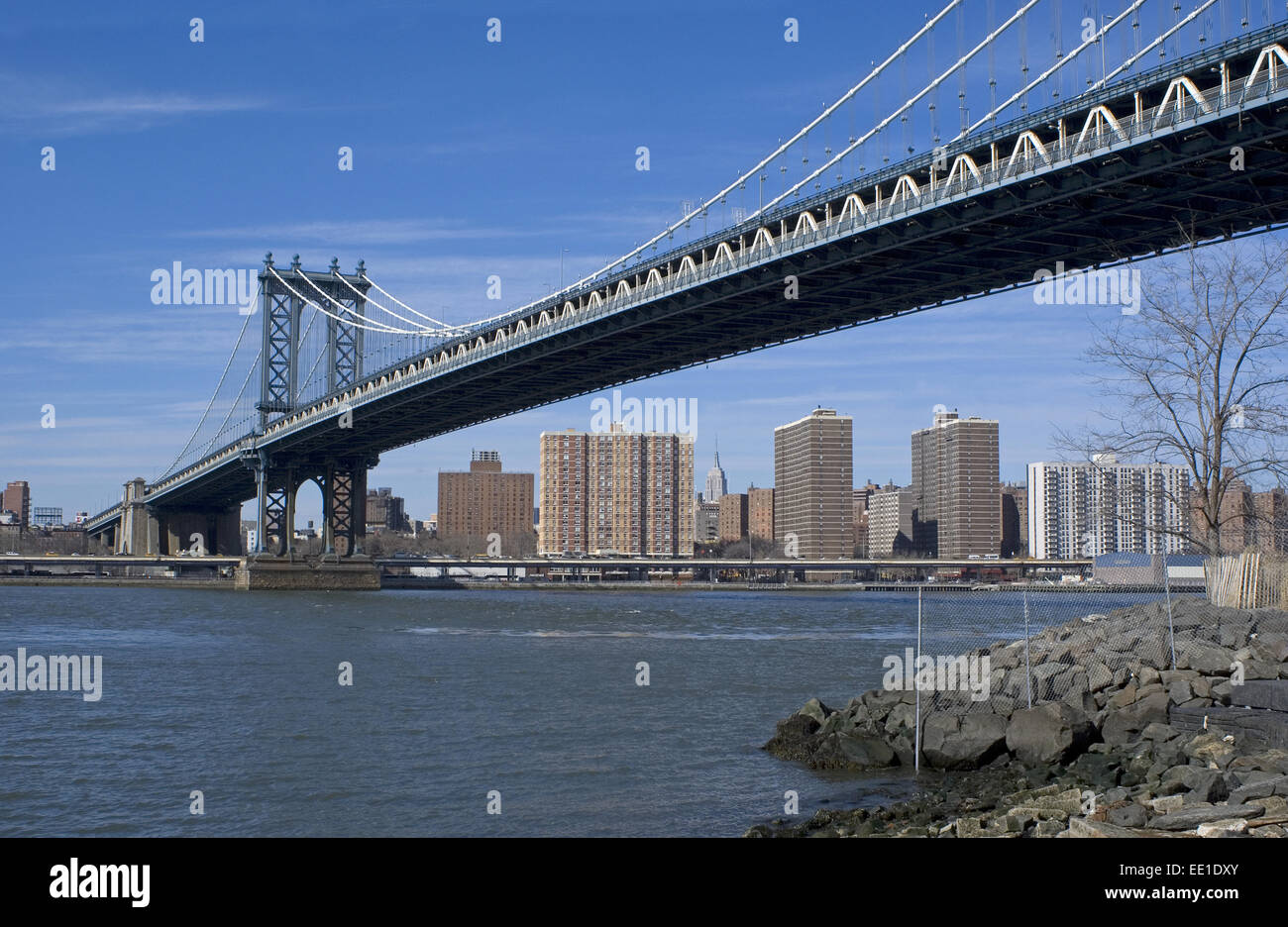 View of suspension bridge and saltwater tidal strait, looking towards ...