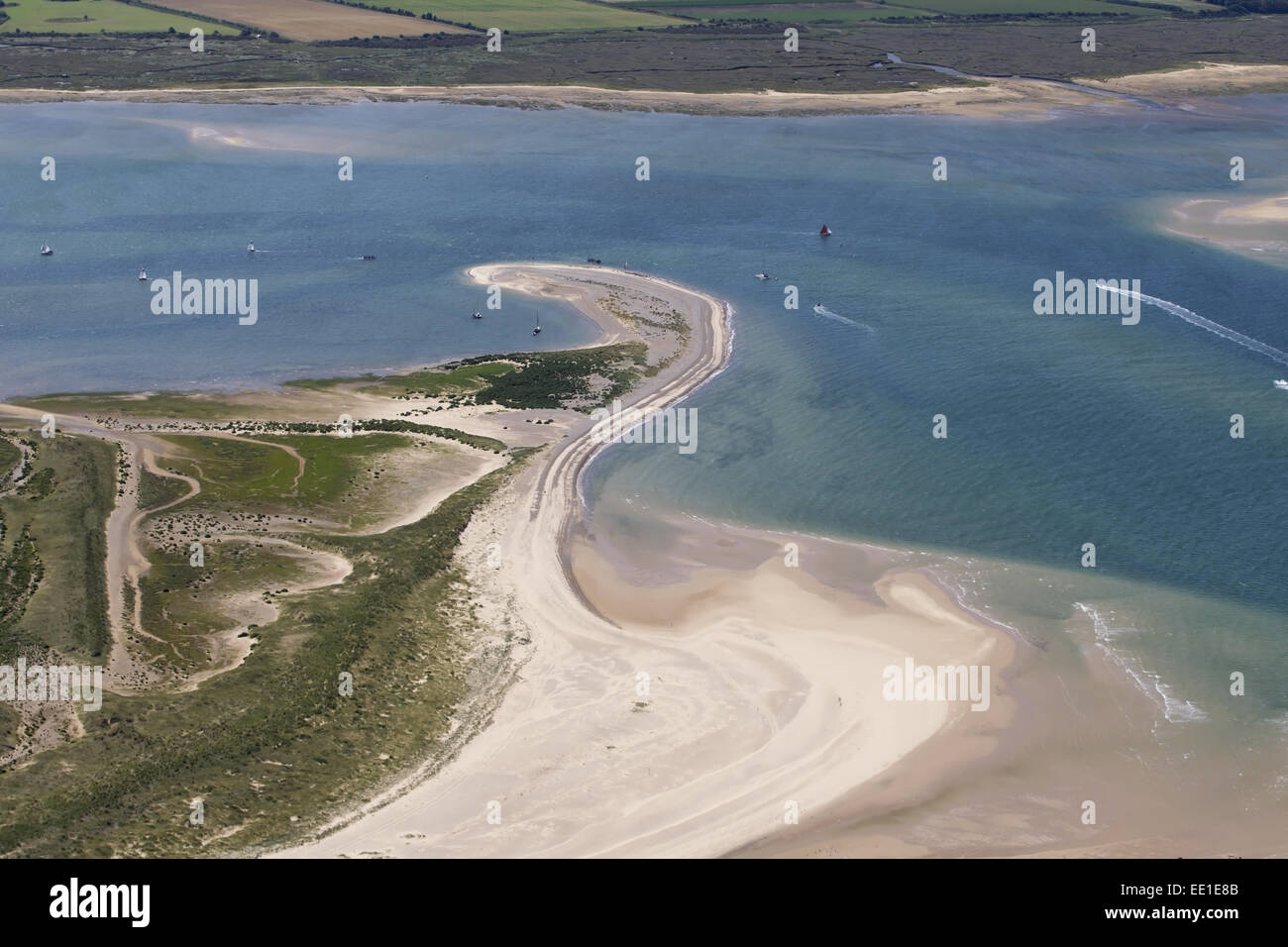 Aerial view of coastal sandbank and spit, Blakeney Point, Blakeney ...