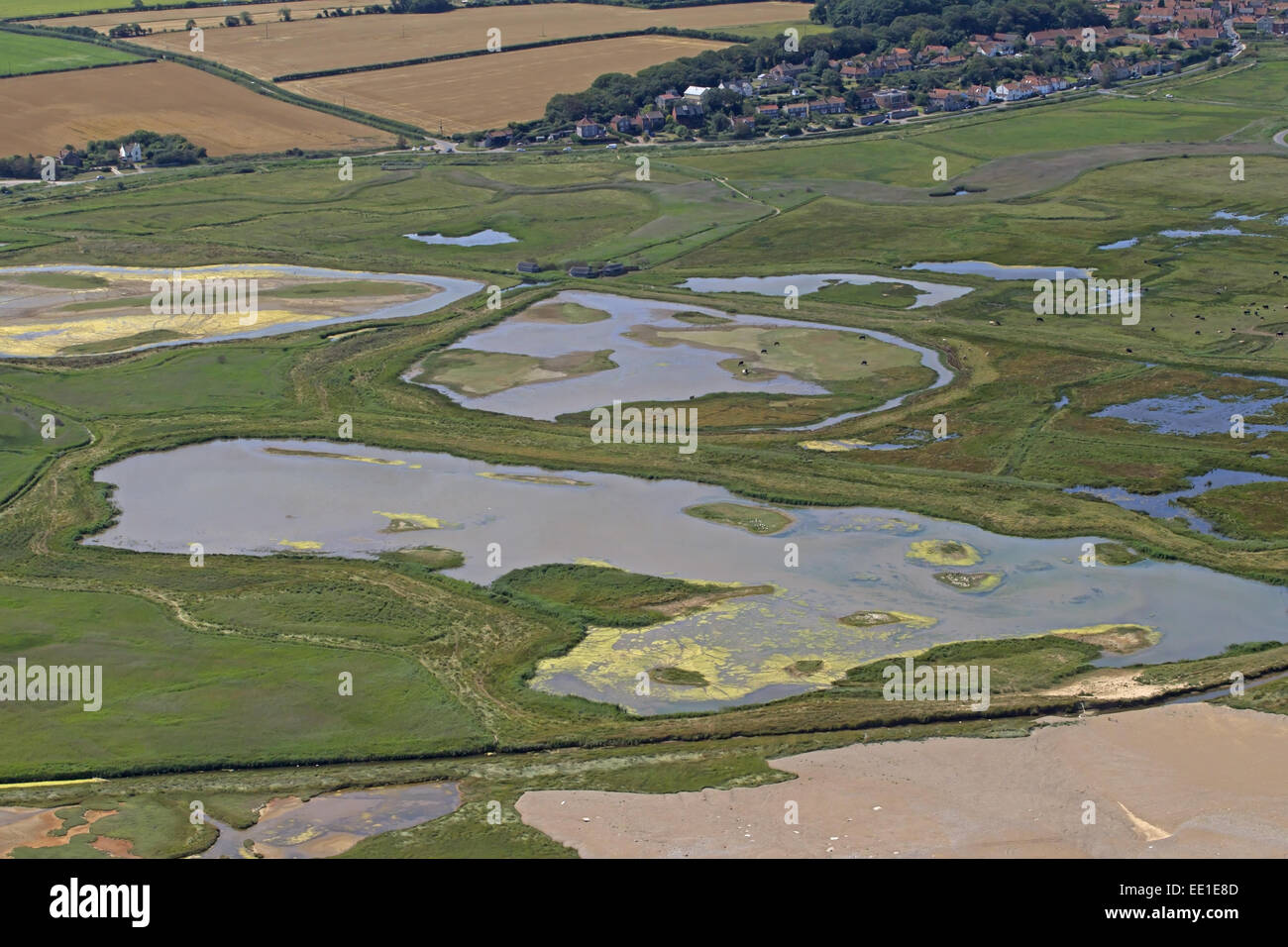 Aerial view of coastal marshland habitat, Cley Marshes Reserve, Cley ...