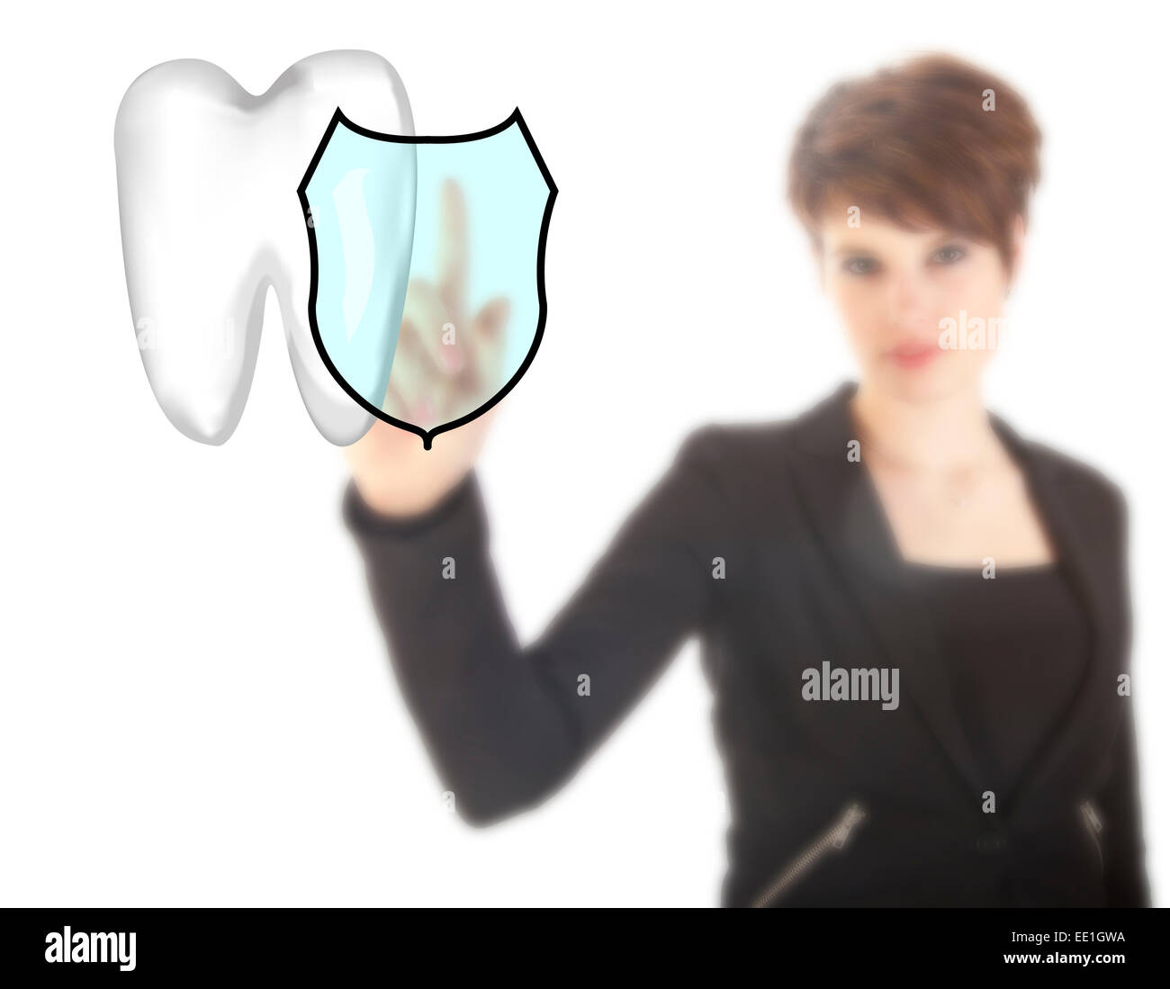 Young woman with tooth shield symbol isolated on white background Stock ...